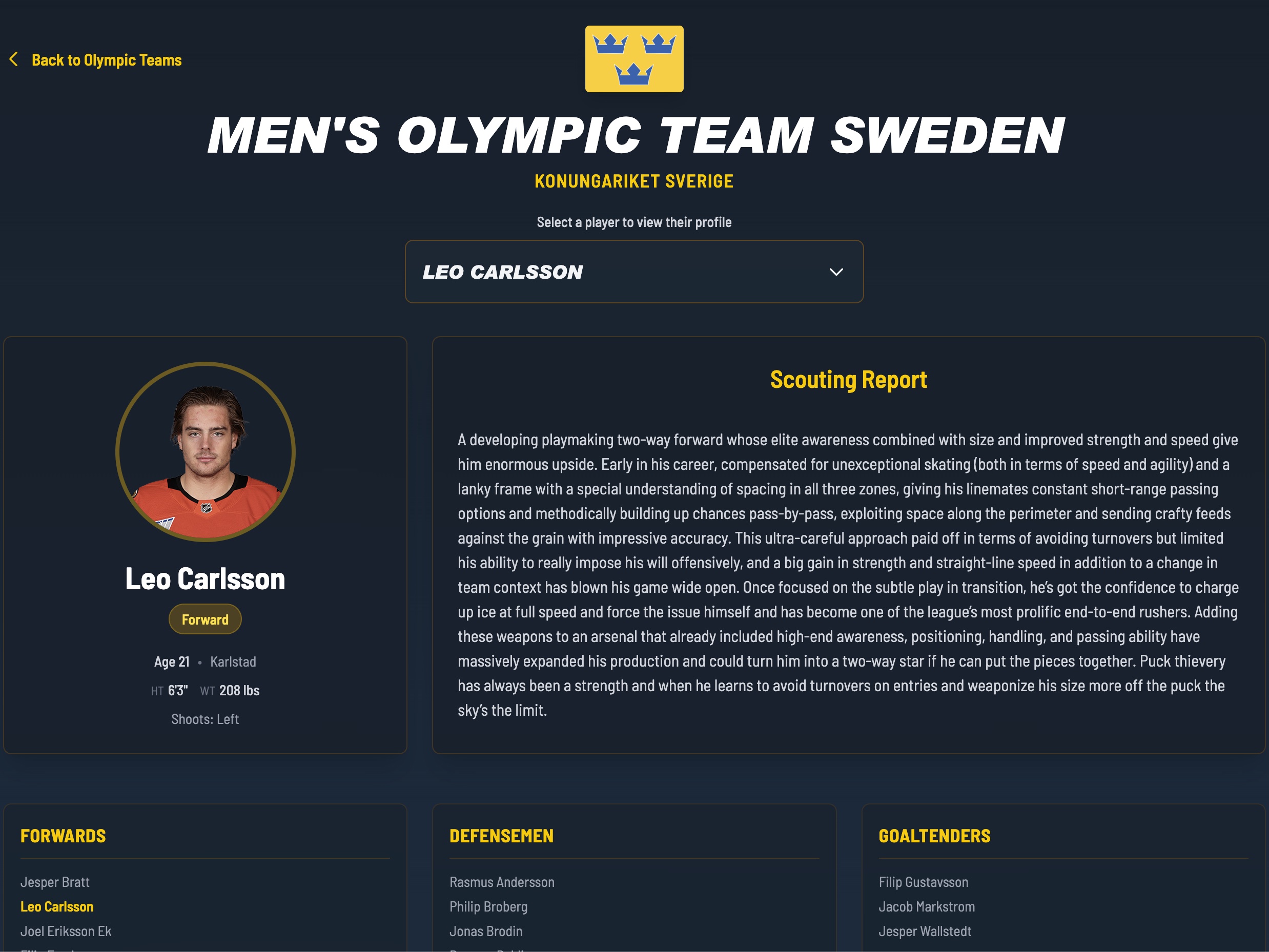 Team Sweden 2026 Olympic Roster, Scouting Reports, and Analytics ...